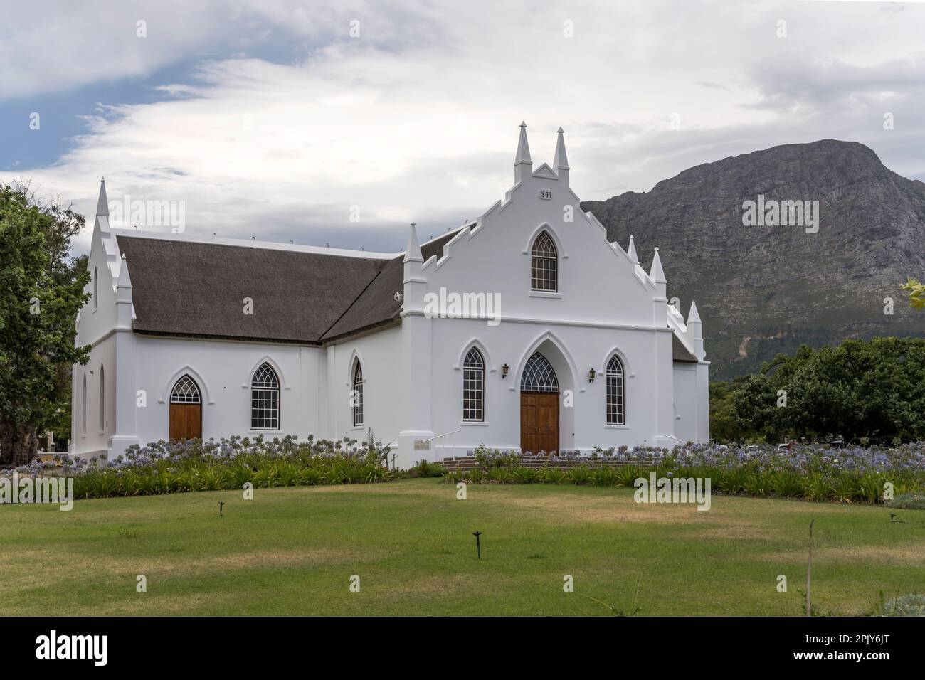 cityscape with white Dutch Reformed church, shot in bright summer light ...