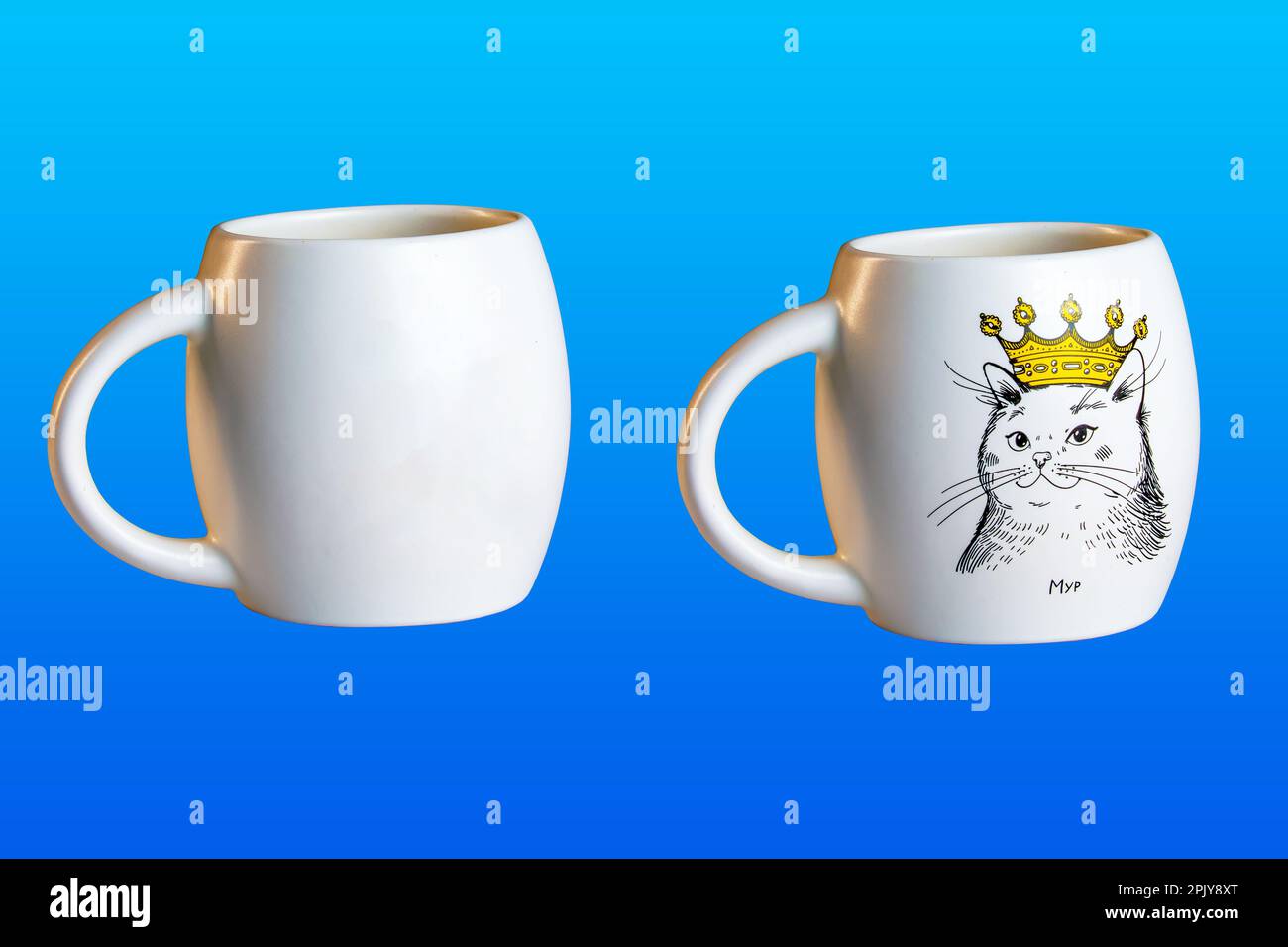 White cup isolate. Drawing of a cat in a crown. Written in Ukrainian ...