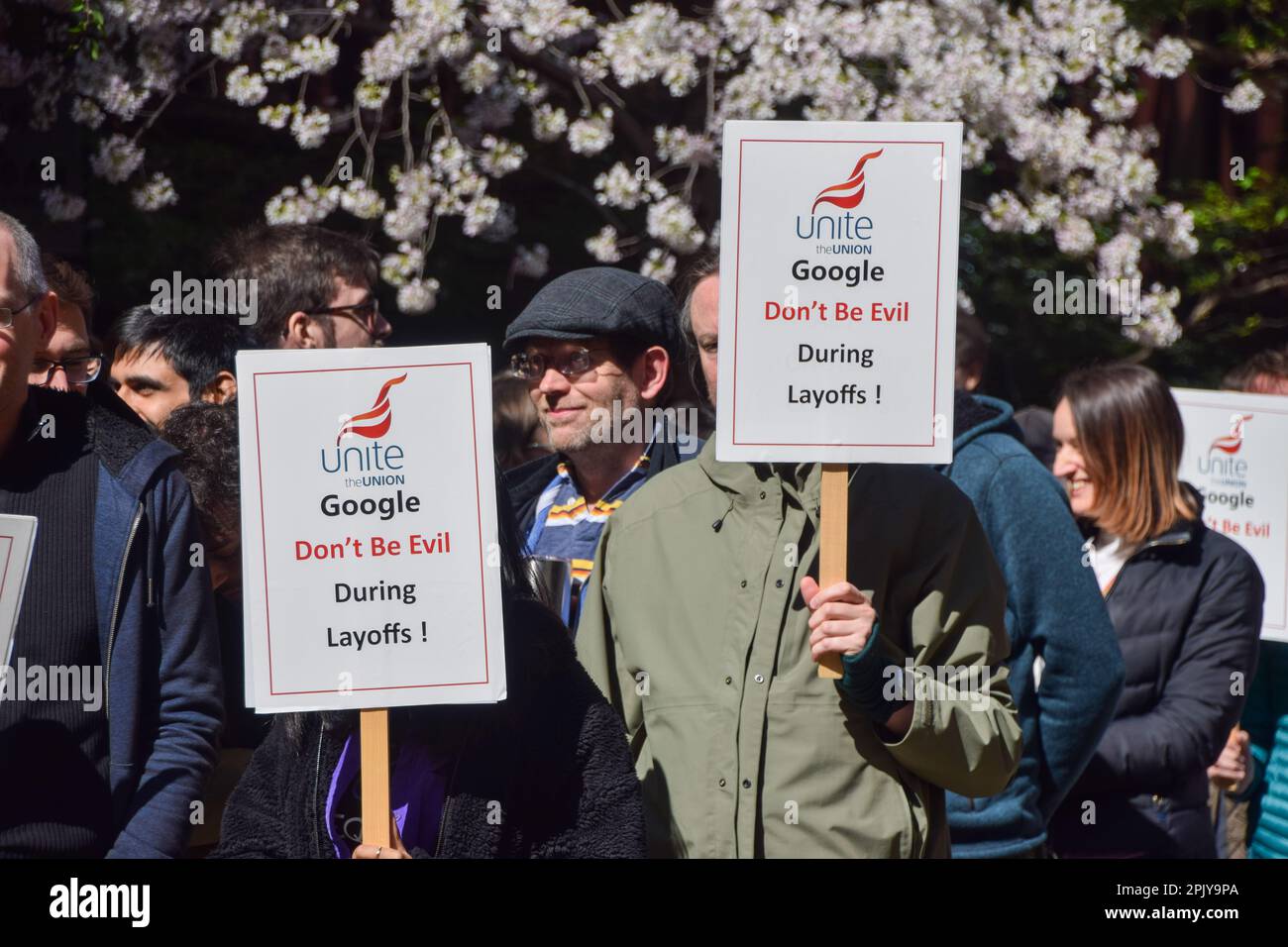London, UK. 04th Apr, 2023. Protesters hold placards with a message for ...