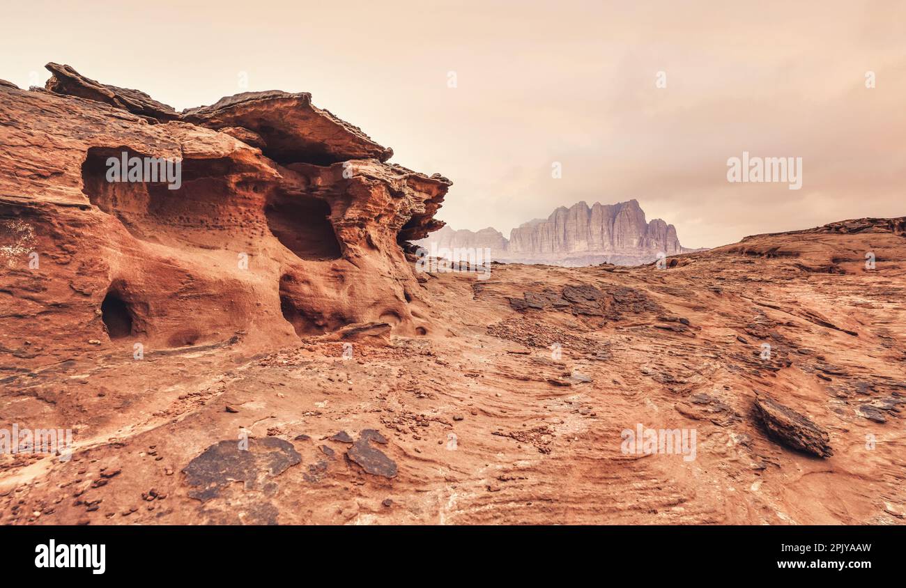 Red sandstone rocks formations in Wadi Rum (also known as Valley of the ...