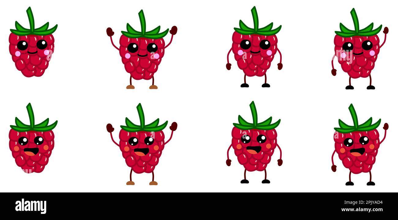Cute kawaii style raspberry fruit icon, large eyes, smiling. Version ...