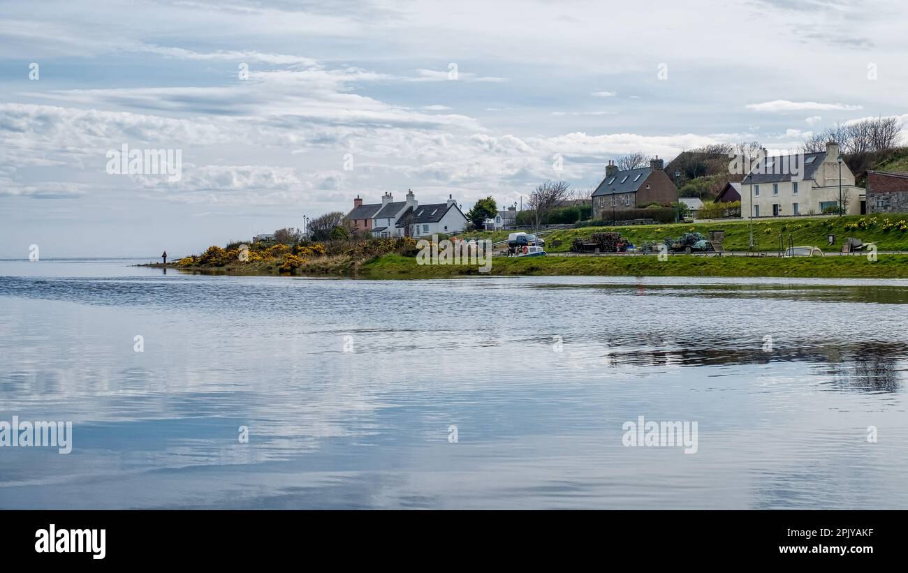 River Brora at high tide looking across towards the harbour Stock Photo ...