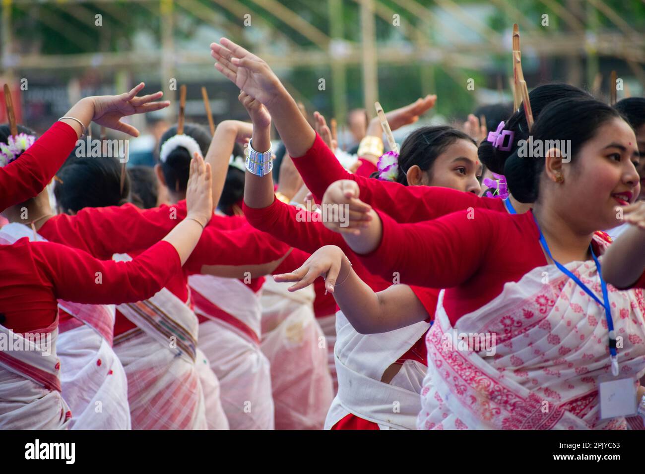 Assam, India. 04/04/2023, Girls participate in a traditional Bihu dance ...