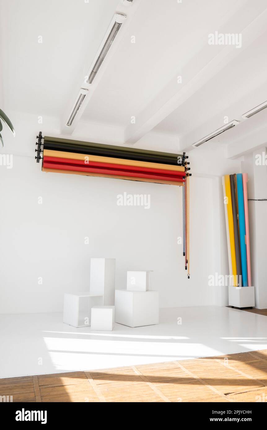 Sunny daylight photo studio interior with a huge panoramic vintage ...