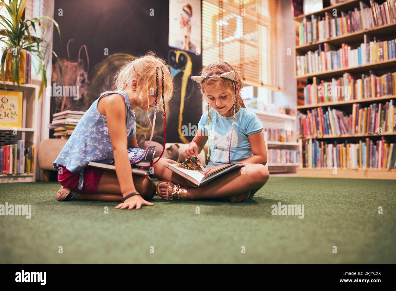 Two primary schoolgirls doing homework in school library. Students ...