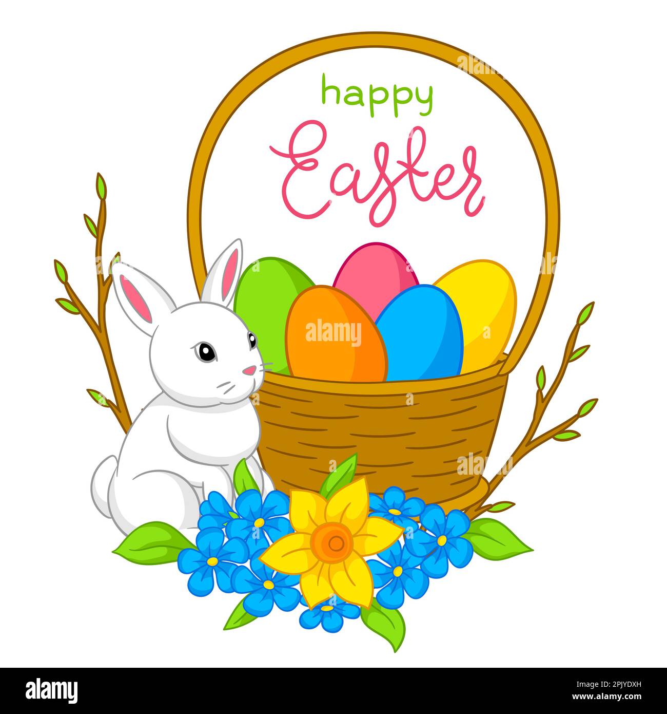 Happy Easter illustration. Cute bunny, eggs and flowers for traditional ...