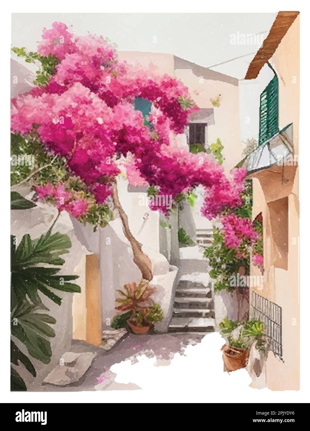 Watercolor Santorini Island landscape. Greece summer island landscape ...