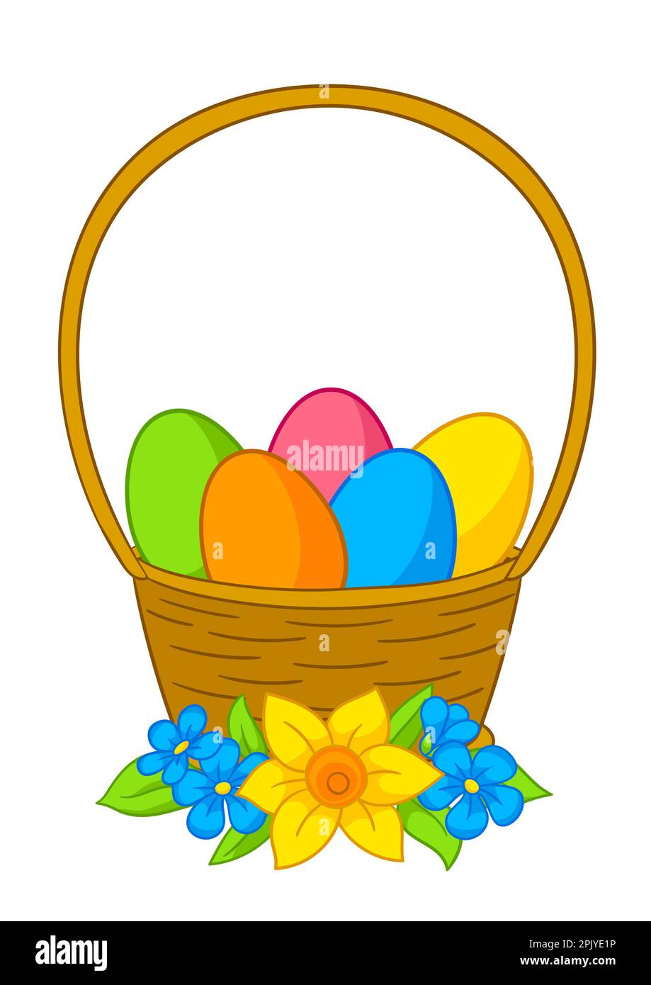 Happy Easter illustration. Cute bucket with eggs and flowers for ...