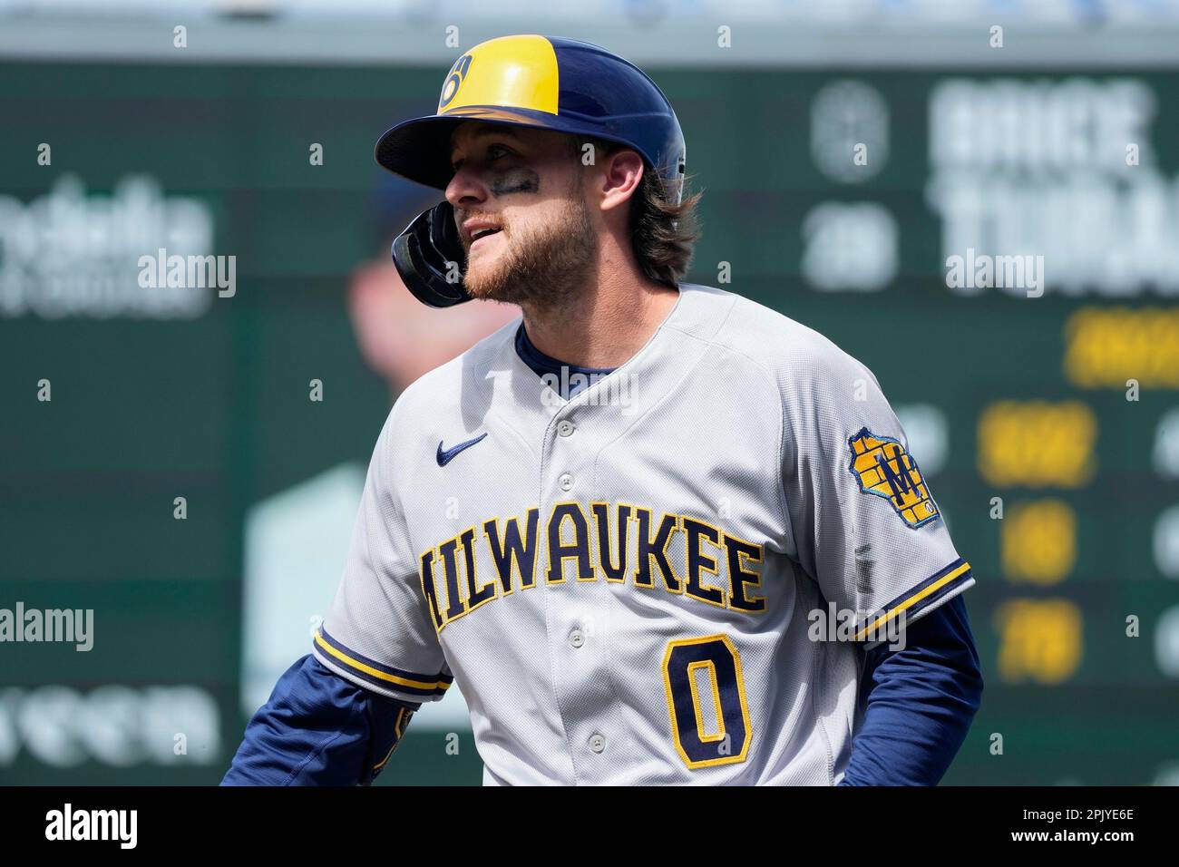 Milwaukee Brewers shortstop Brice Turang leaves the field during the ...