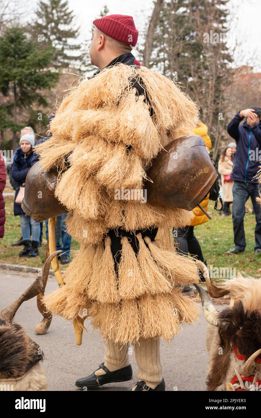Male Kukeri dancer with intricate costume and large bells at a ...