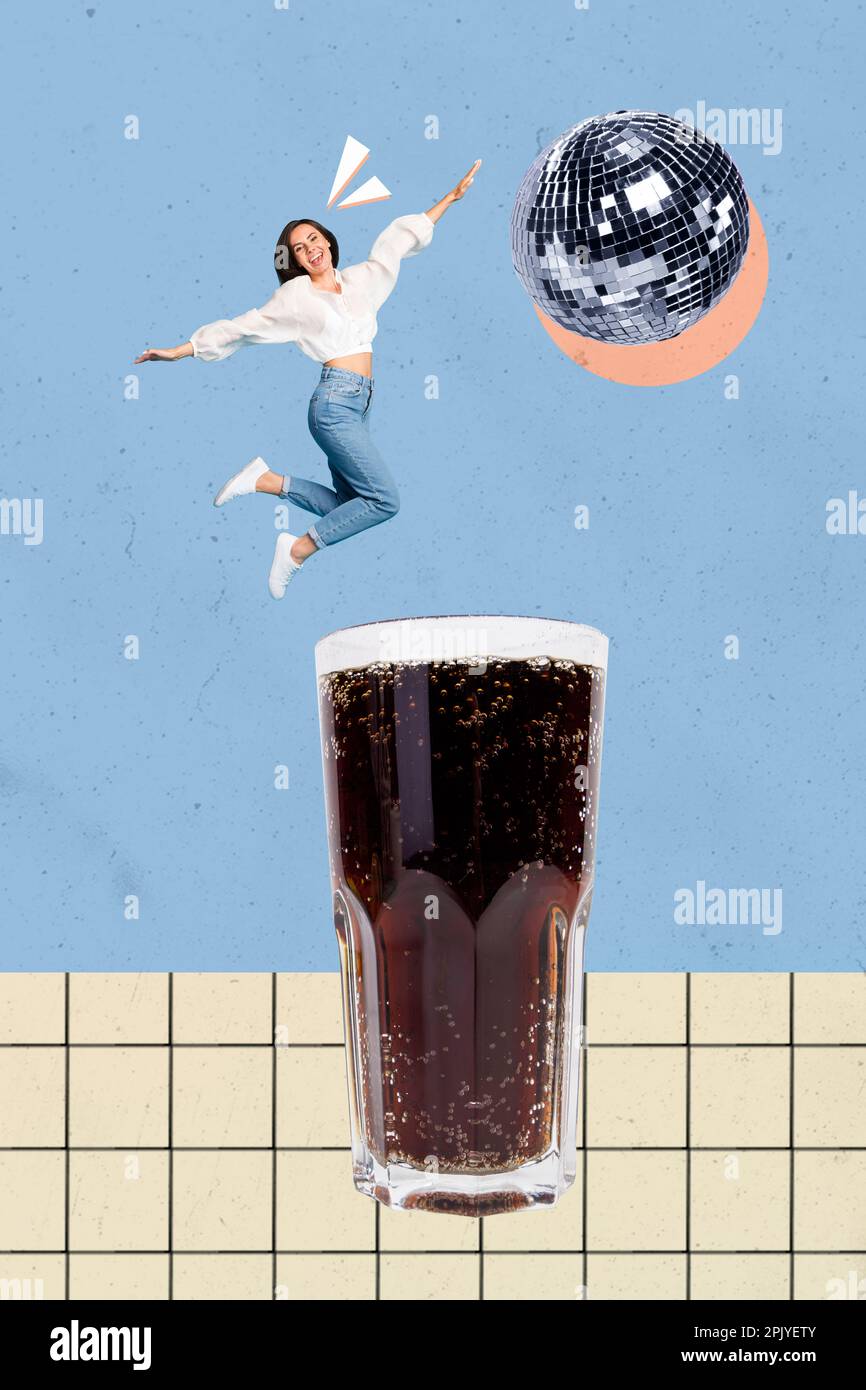 Vertical collage photo of carefree young girl jumping active overjoyed ...