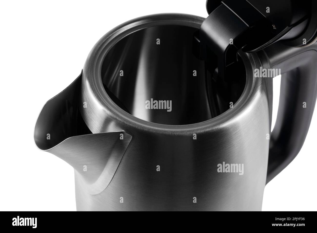 Top view of stainless kettle with open lid isolated on white background ...