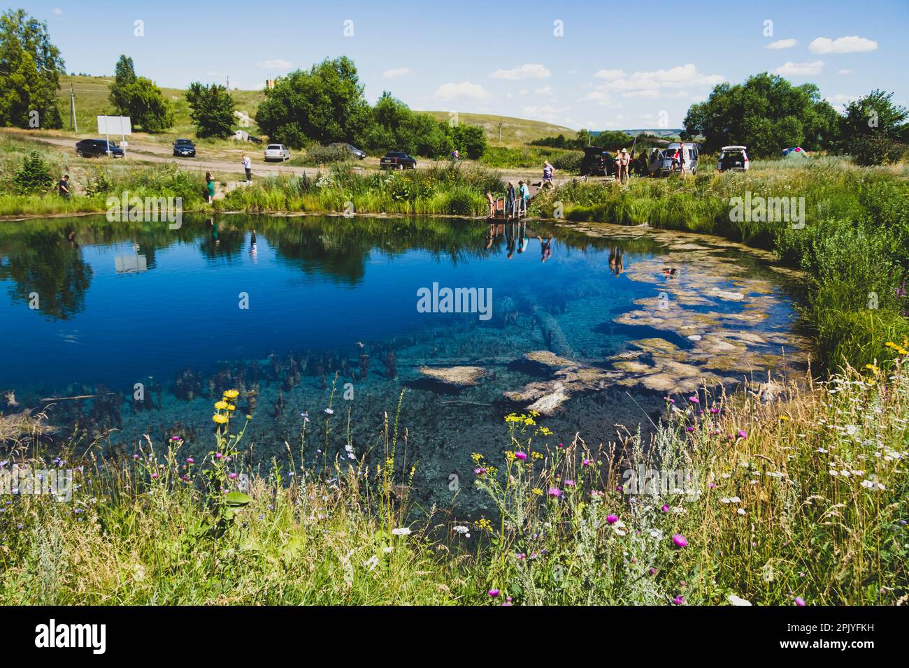 Lake with gray water. Blue lake in Samara region in Russia. Deep pond ...