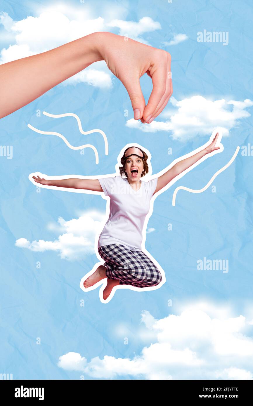 Vertical photo collage of youngster carefree funny woman jumping wings ...