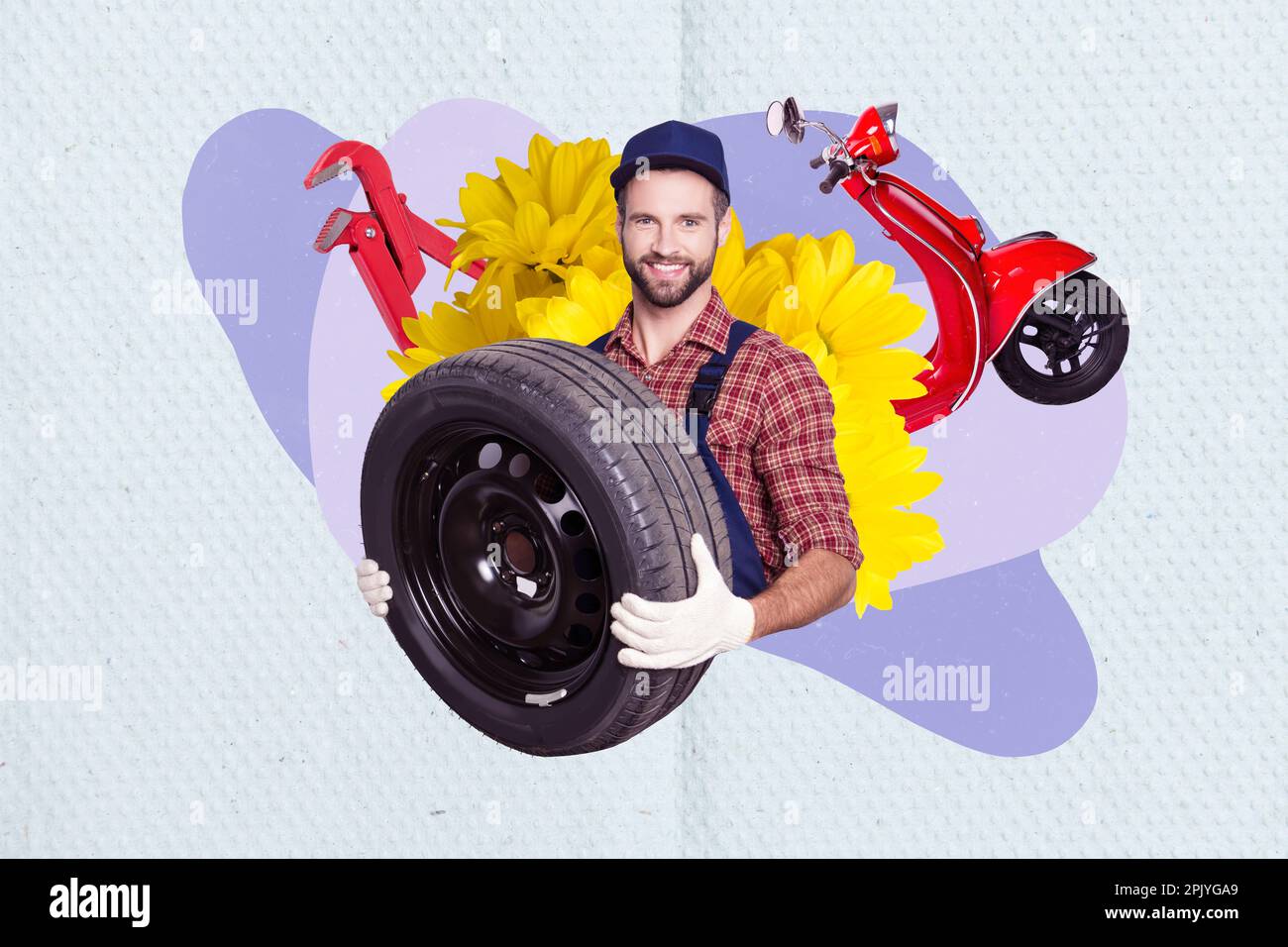 Creative collage image of car mechanic man hands hold tire fresh big ...
