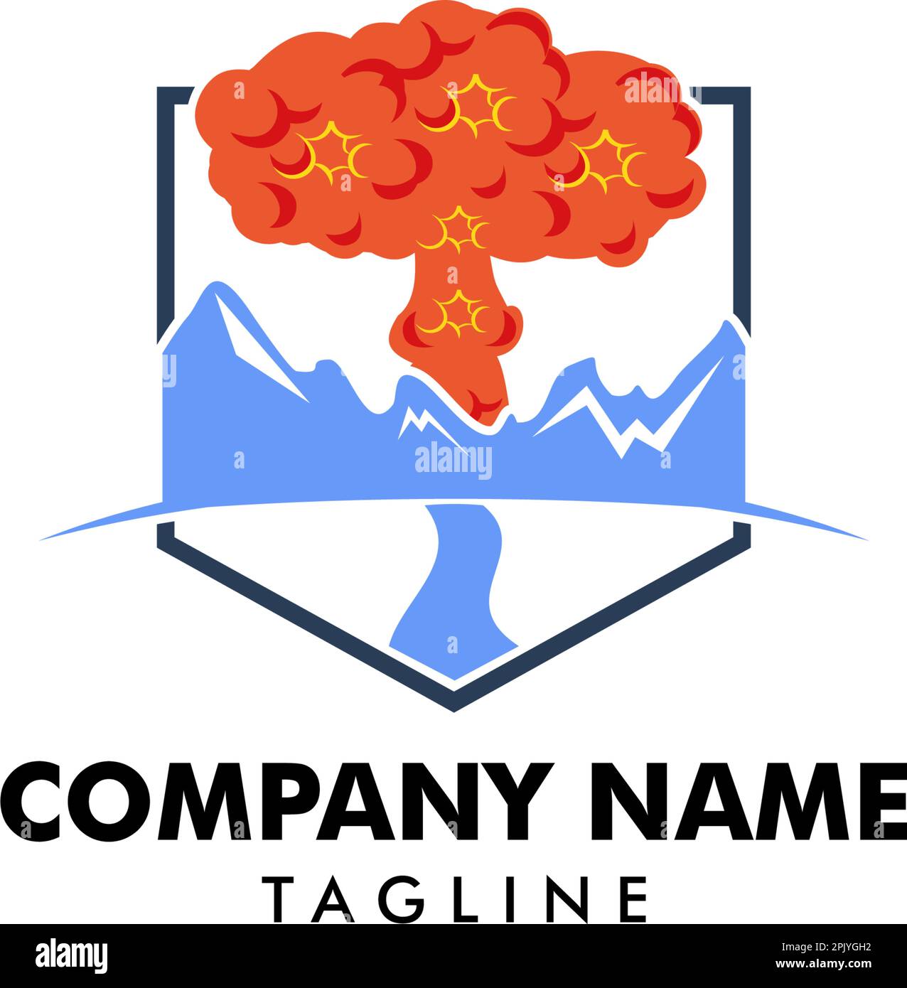 The eruption of the volcano catastrophe vector illustration with shield ...