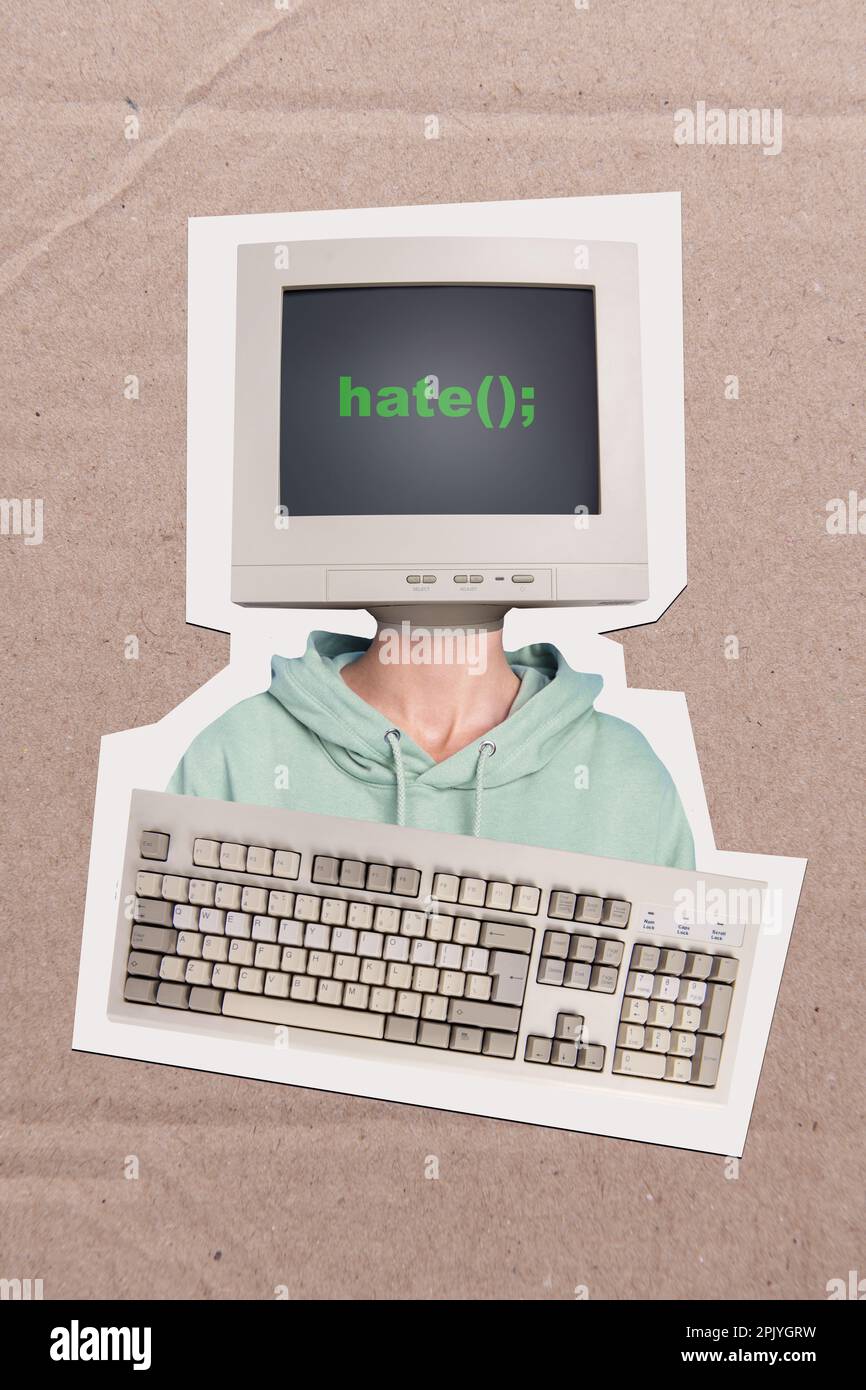 Vertical collage picture of person retro pc monitor instead head hate ...