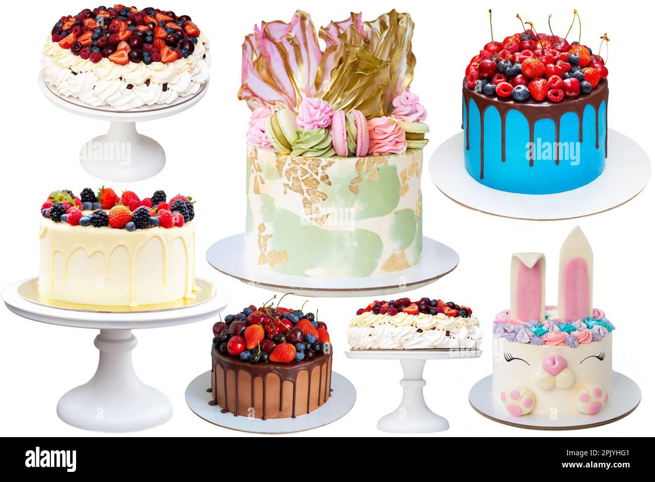 Assortment of different beautiful colorful cakes, isolated on white ...