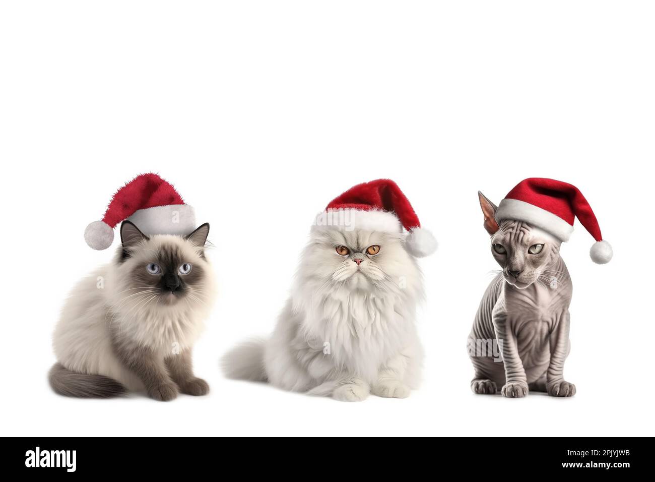 Three cats in red Santa Claus hats isolated on a white background ...