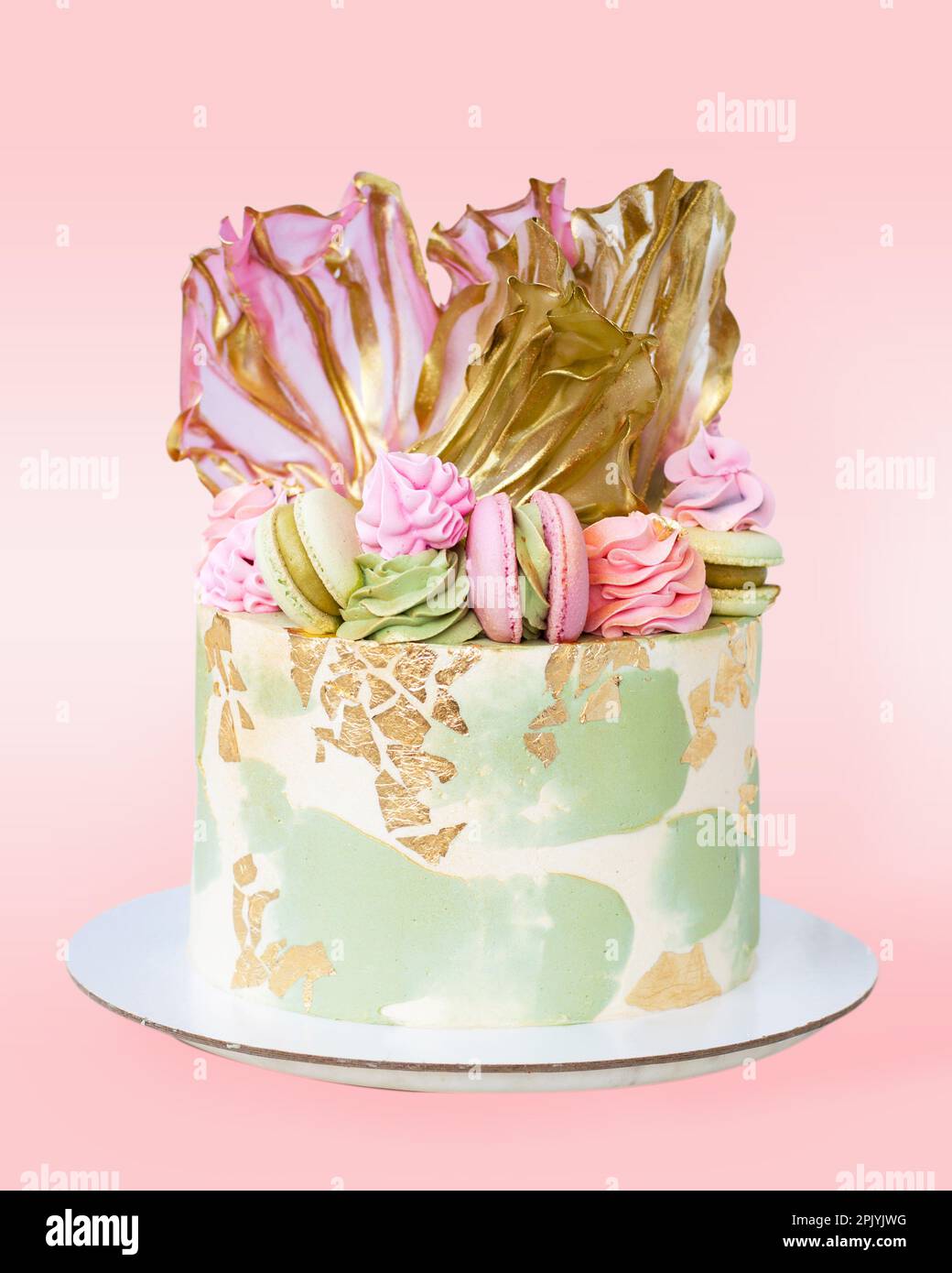 Beautiful pink and green cream cheese cake with rice paper, edible gold ...