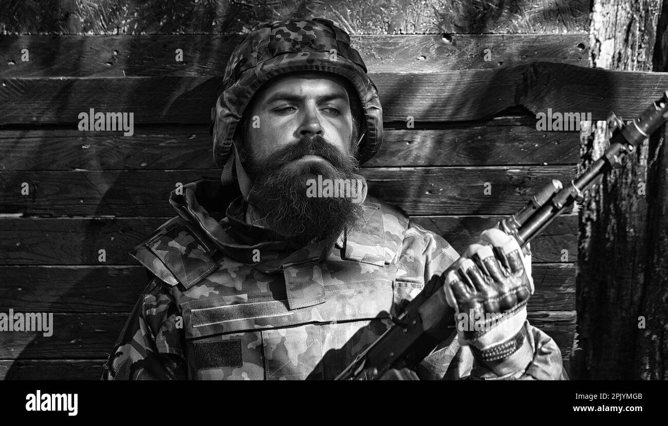 Close up portrait face of ukrainian soldier in army. Russian military ...