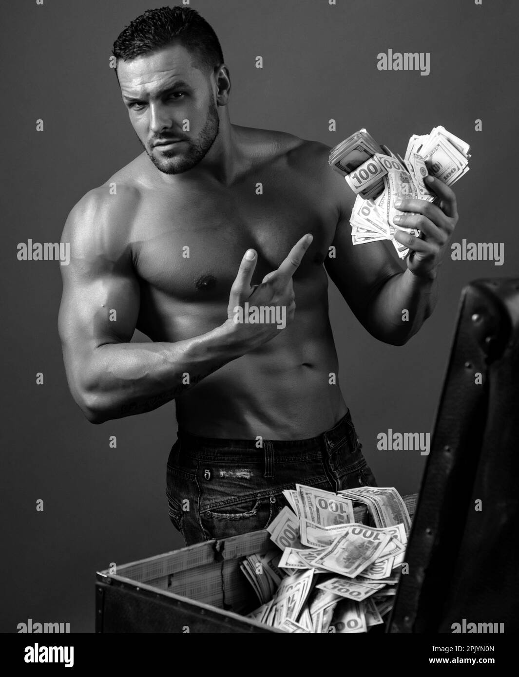 Rich man with cash. Money concept. Brutal guy with dollars. Dollar ...