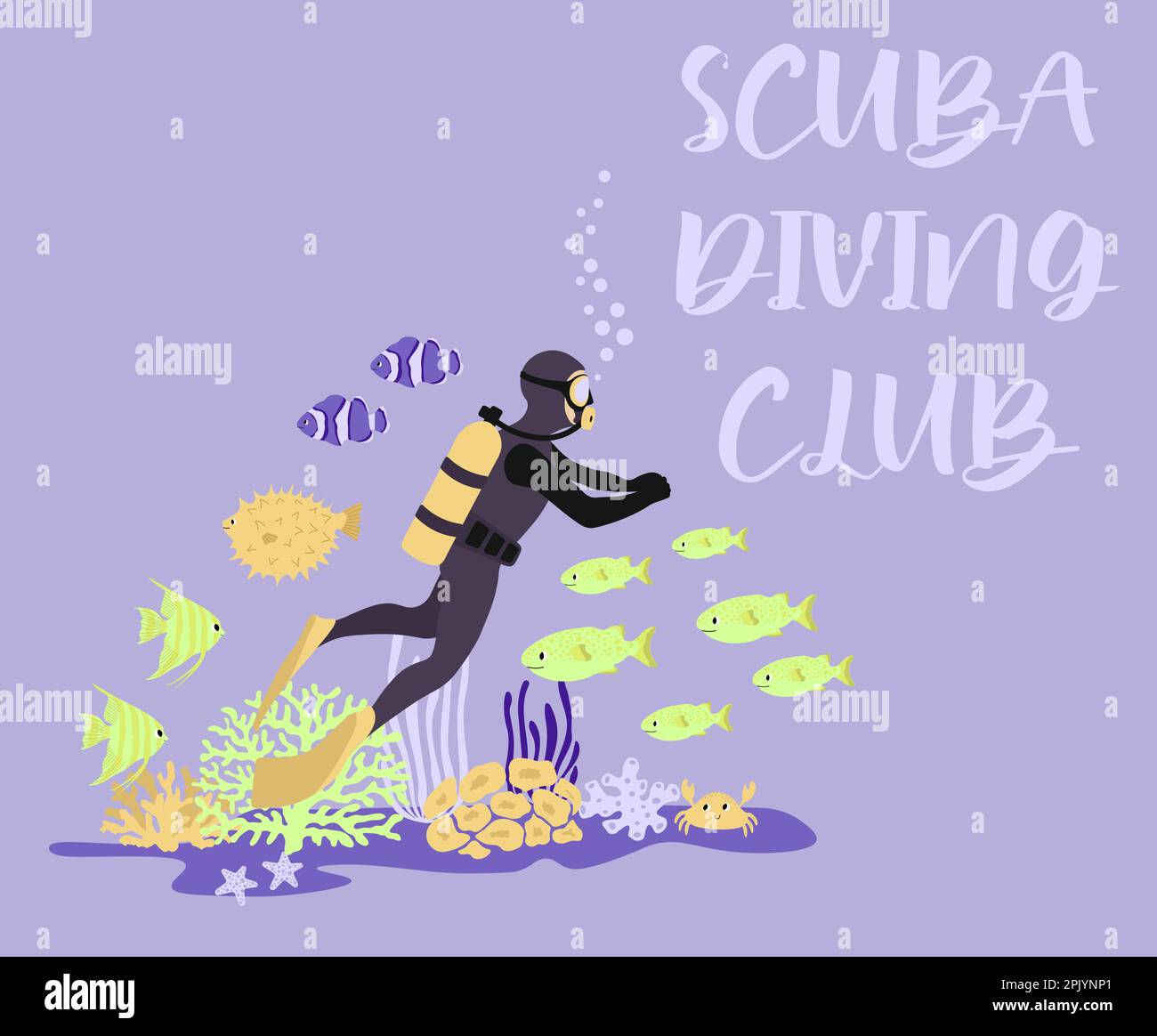 Vector ocean illustration with diver, fish, crab, algae, corals. Scuba ...