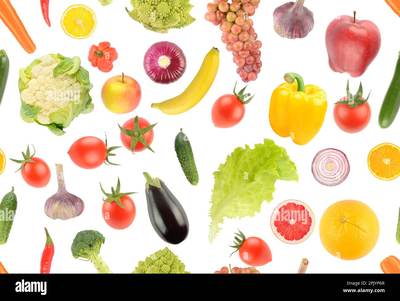 Seamless pattern of fresh fruits and vegetables isolated on white ...