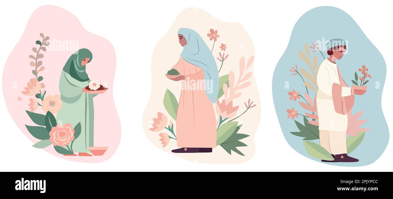 Islamic faith banner design. Joyful Muslim men and women celebrating ...