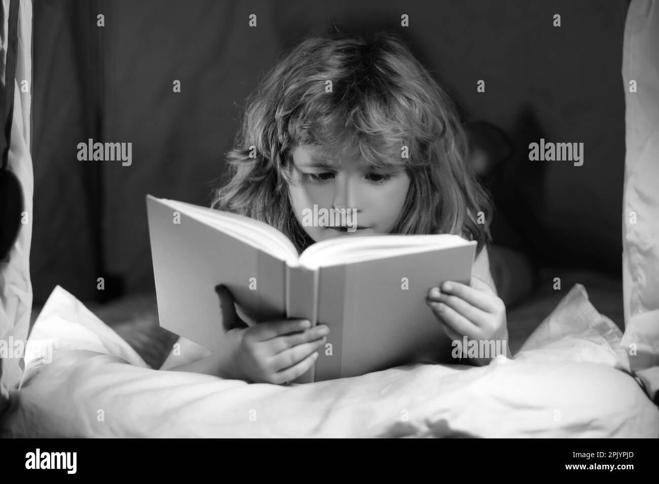 Child boy reading book. Close up portrait of kids reading story ...