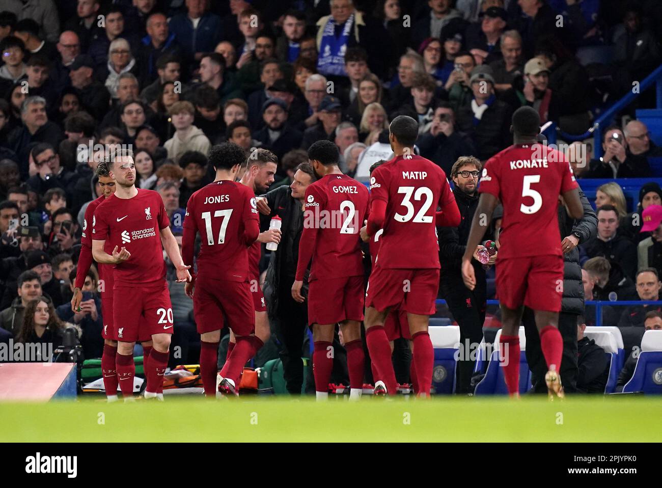 Liverpool players during a drinks break in the Premier League match at ...