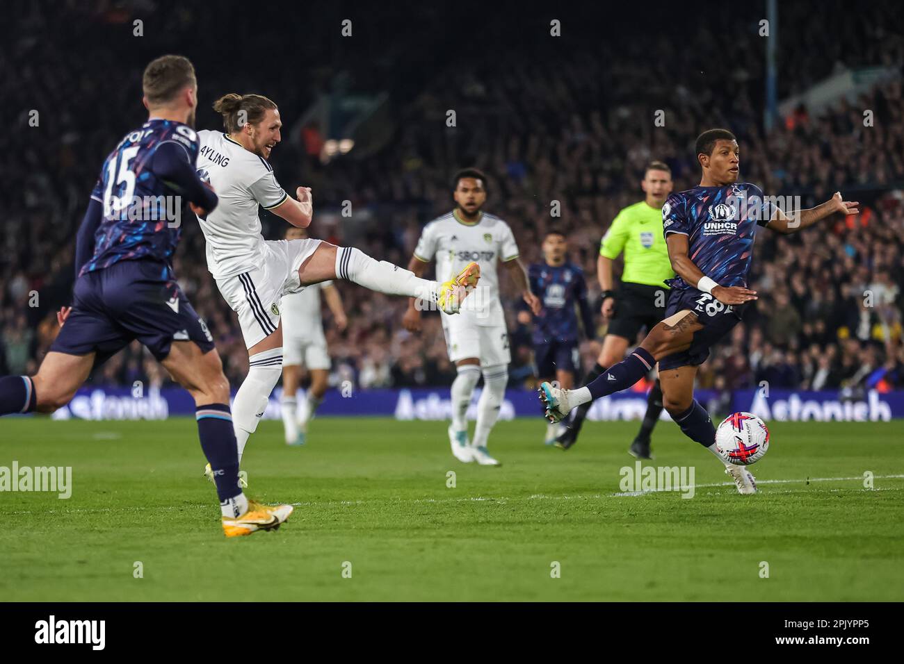 Luke Ayling #2 of Leeds United shoots on goal during the Premier League ...