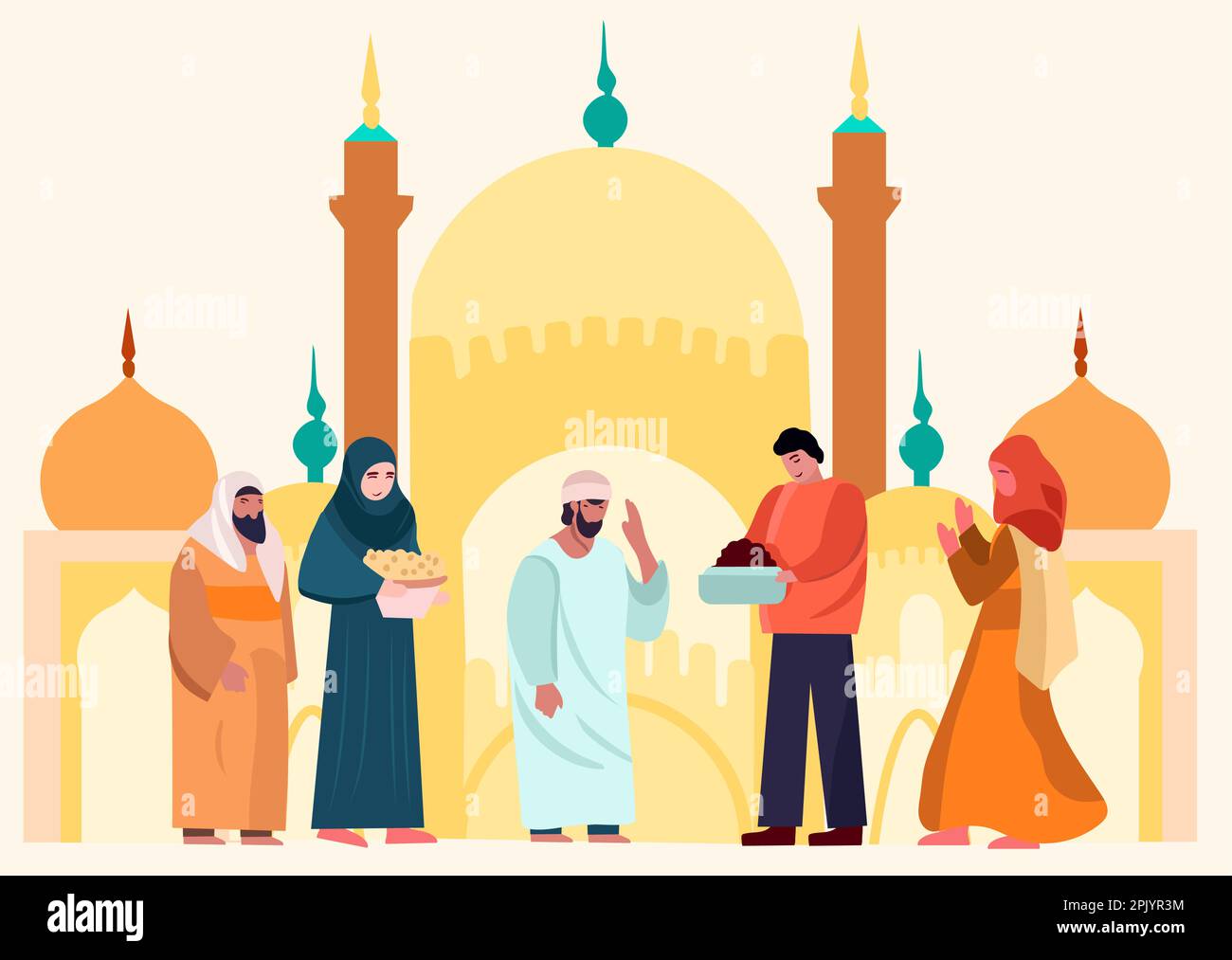 Joyful Muslim community and celebrating together, exchanging presents ...