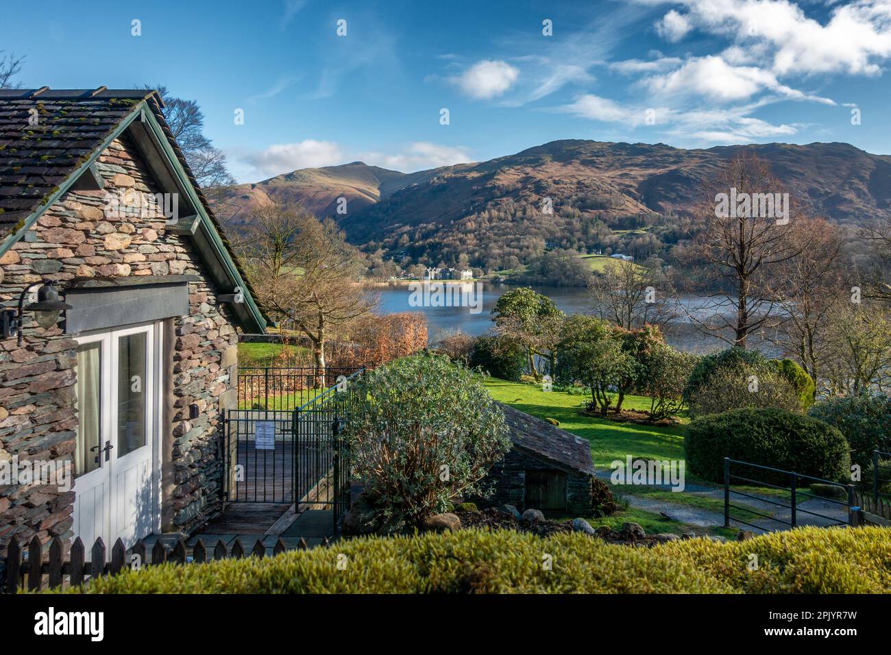 Stunning view across Grasmere with Fairfield mountain range in the ...