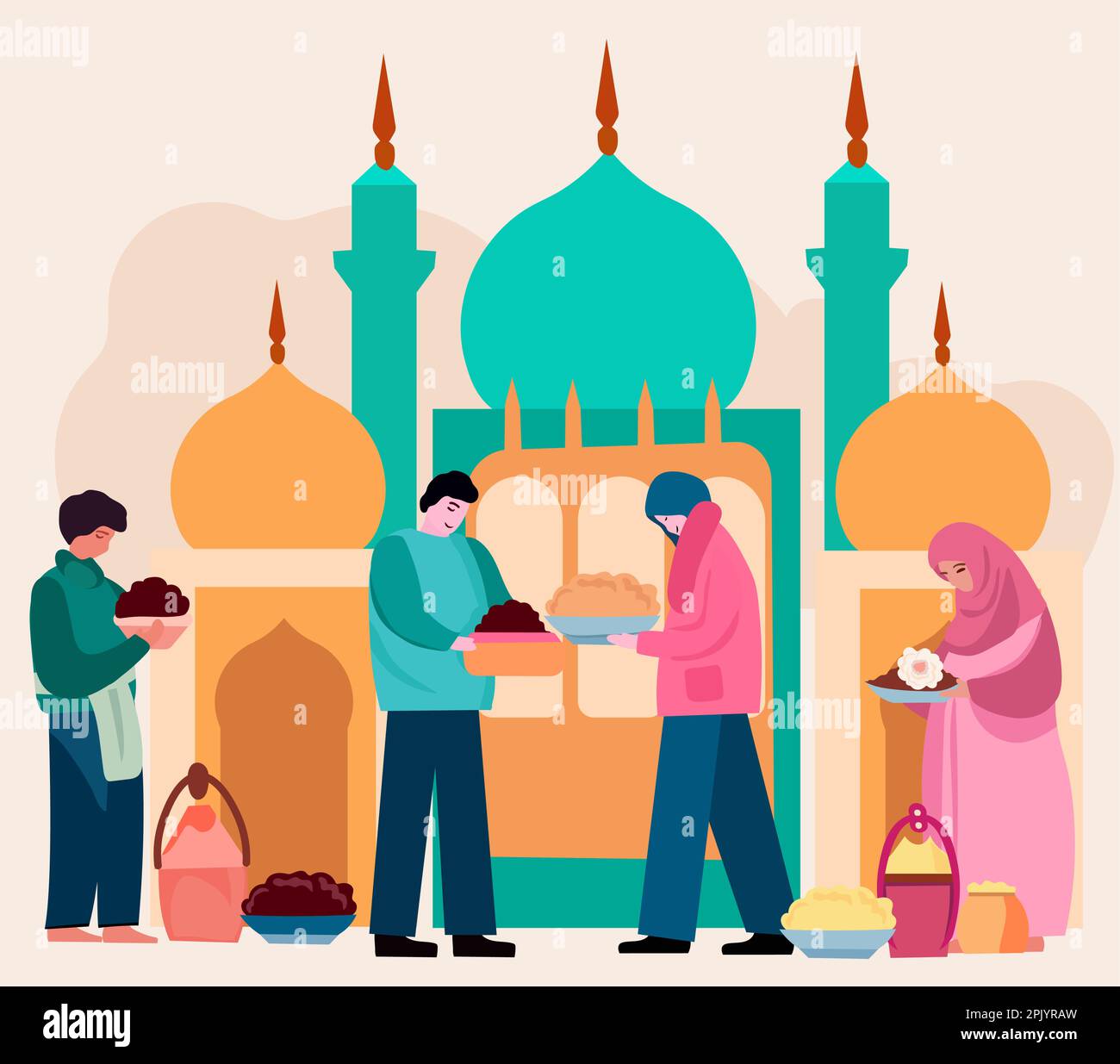 Joyful Muslim community and celebrating together, exchanging presents ...