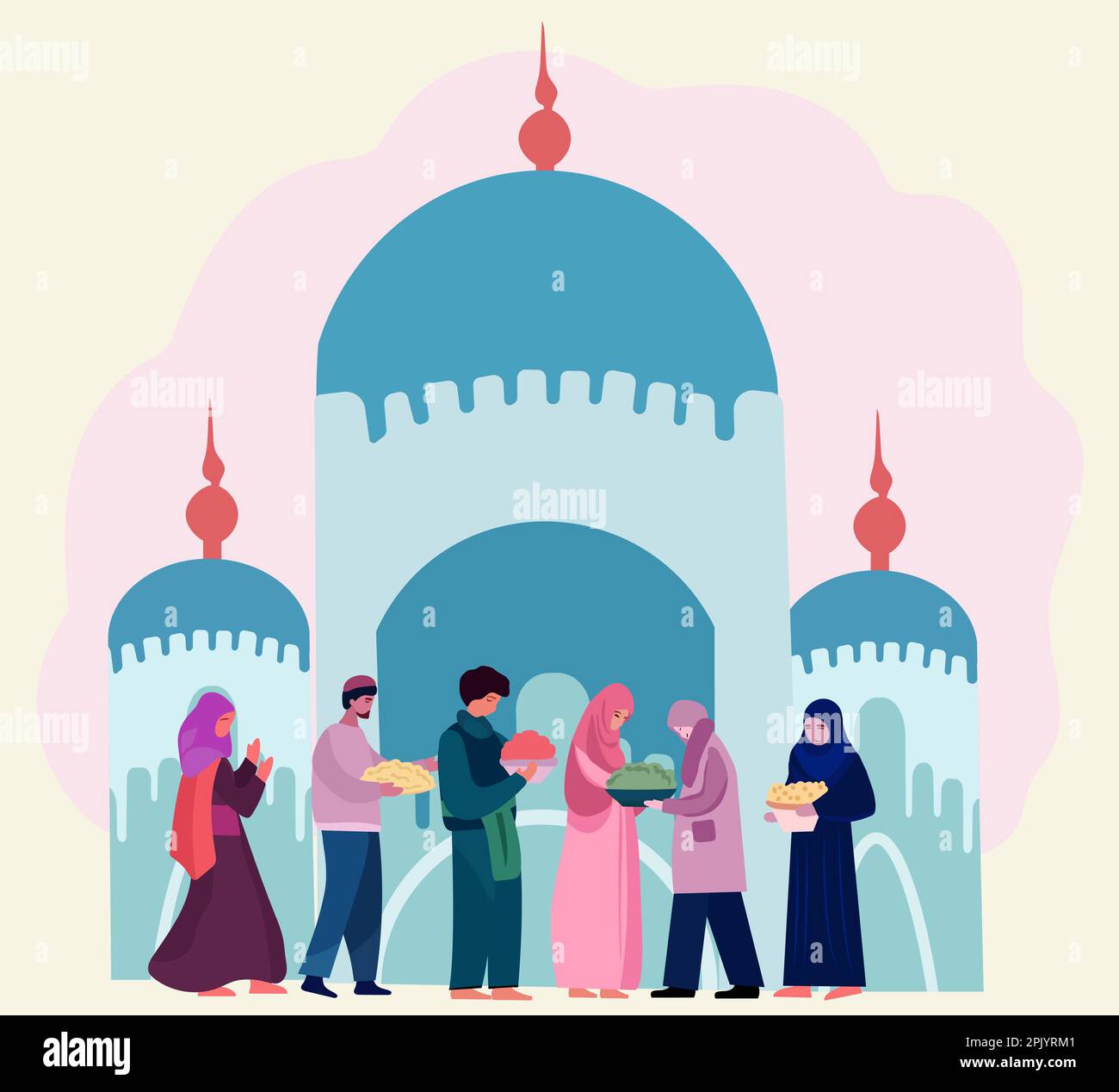 Joyful Muslim community and celebrating together, exchanging presents ...