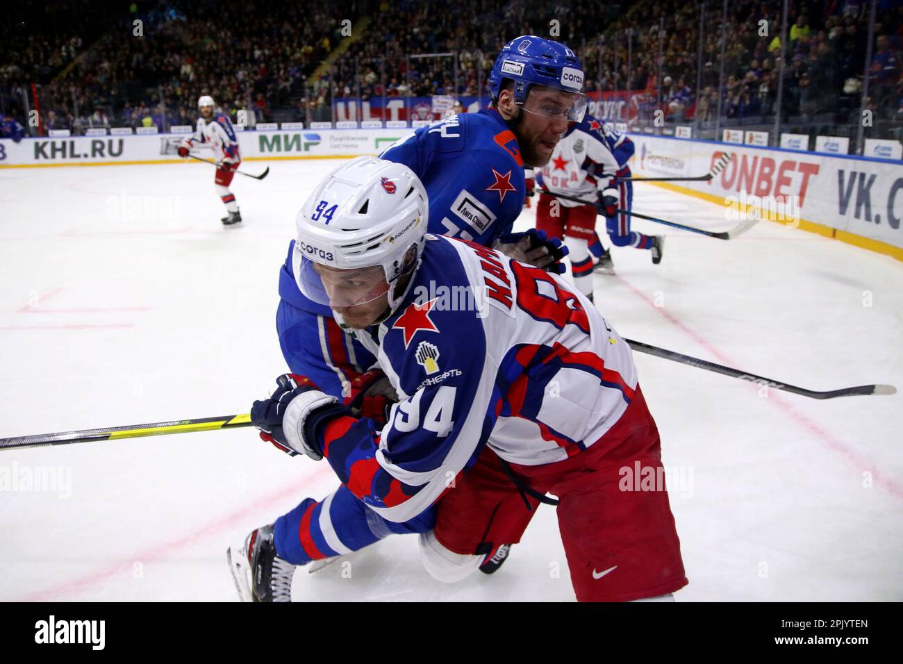 CSKA Hockey Club player, Vladislav Kamenev (No.94) and SKA Hockey Club ...