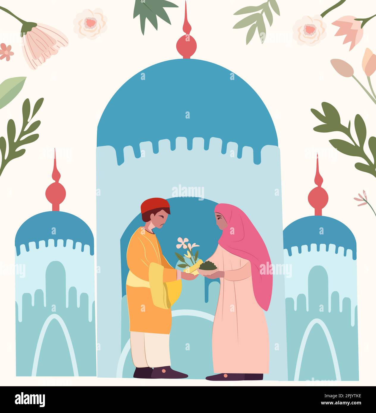 Joyful Muslim men and women celebrating together, exchanging presents ...