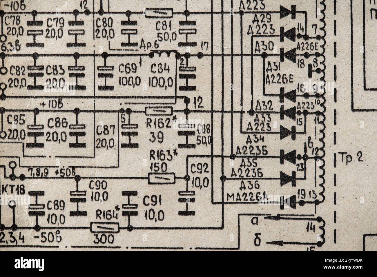 Old radio circuit printed on vintage paper electricity diagram as ...