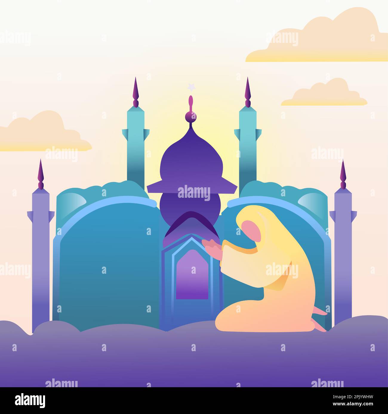 Islamic faith banner design. A devout Muslims pray namaz or salah as he ...