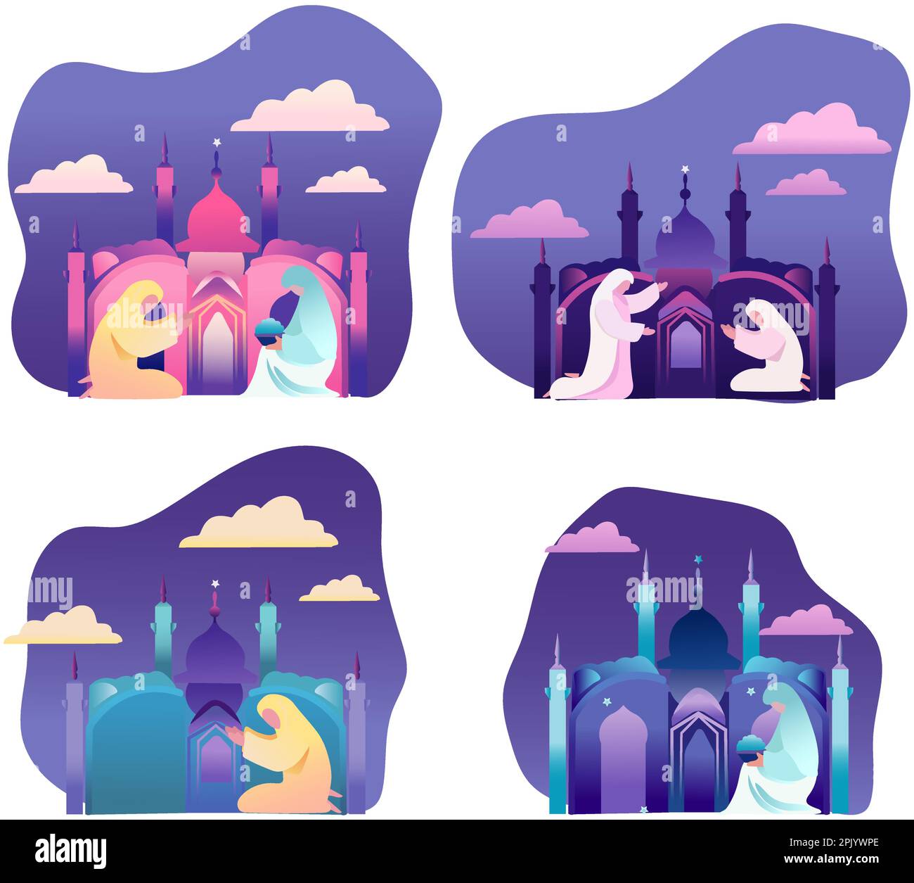 Islamic faith banner design. A devout Muslims pray namaz or salah as he ...