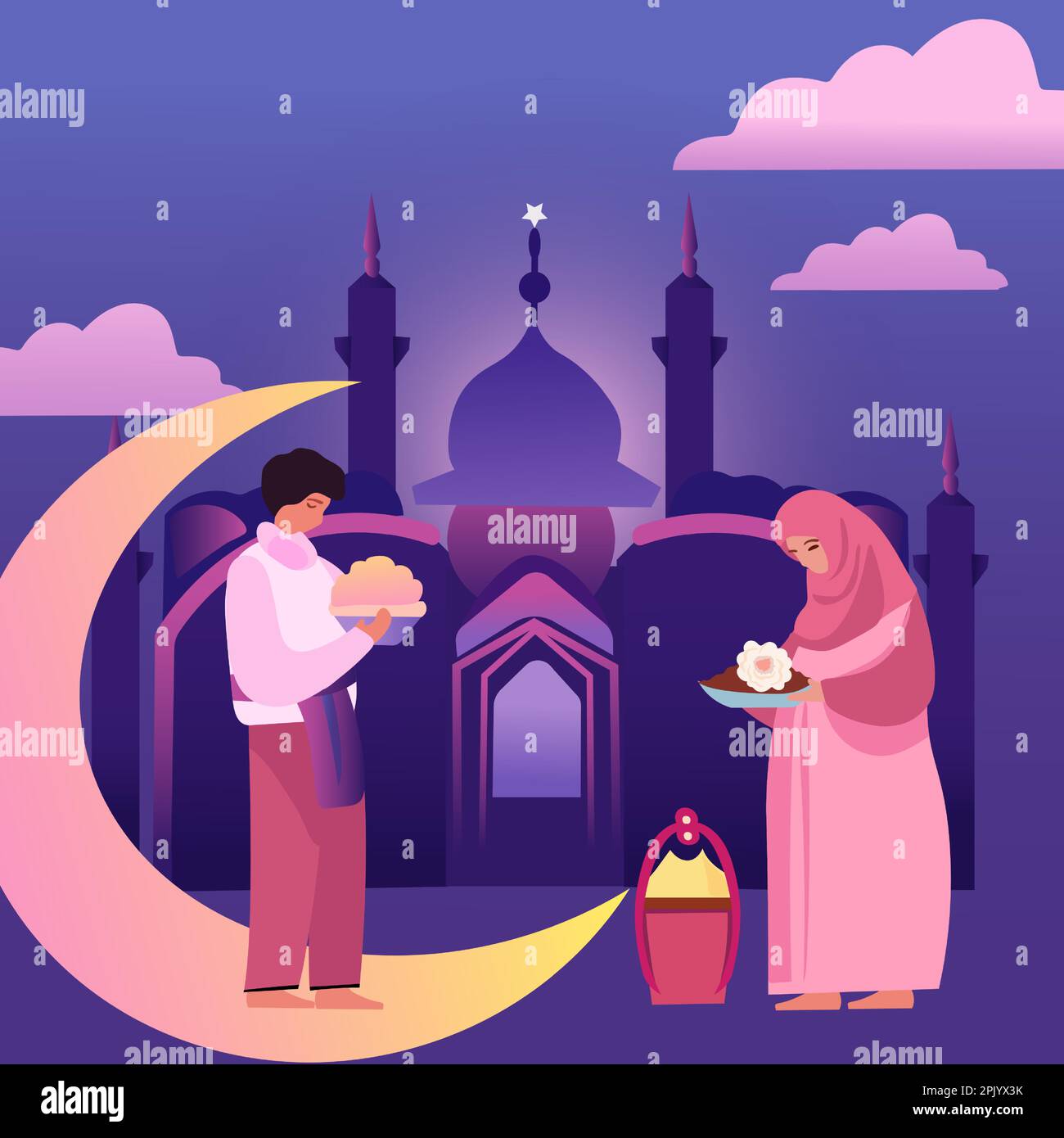 Islamic faith banner design. Joyful Muslim men and women celebrating ...