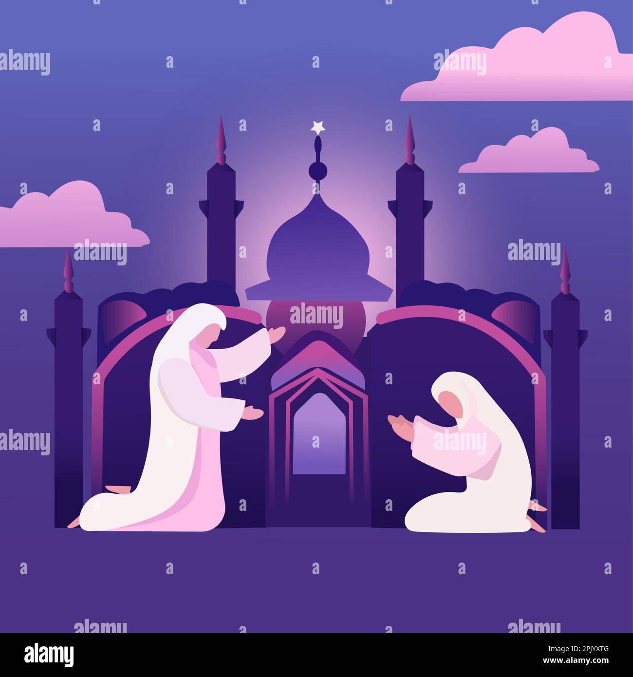 Islamic faith banner design. A devout Muslims pray namaz or salah as he ...
