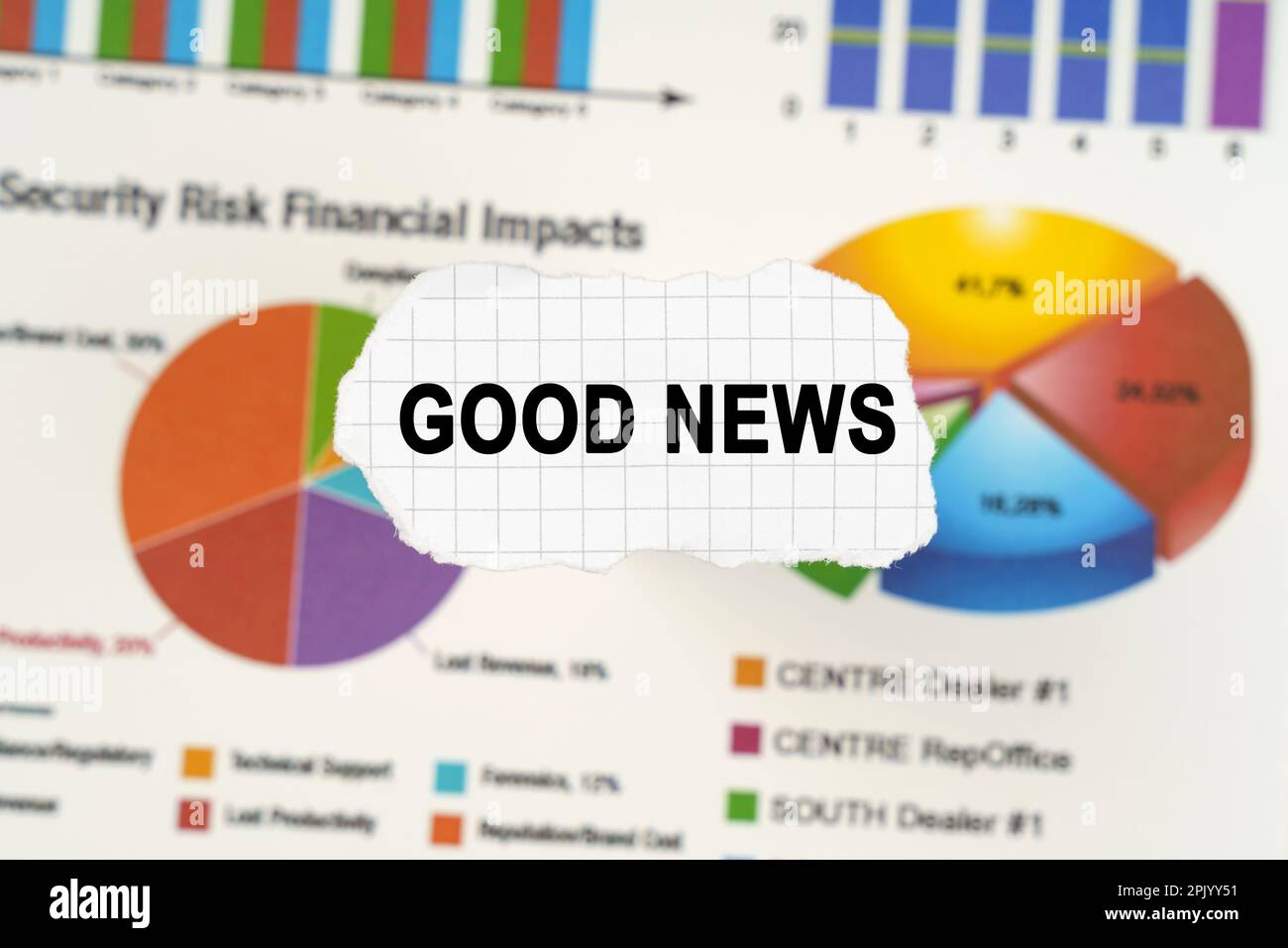 Business concept. On diagrams and graphs lies torn paper with the ...