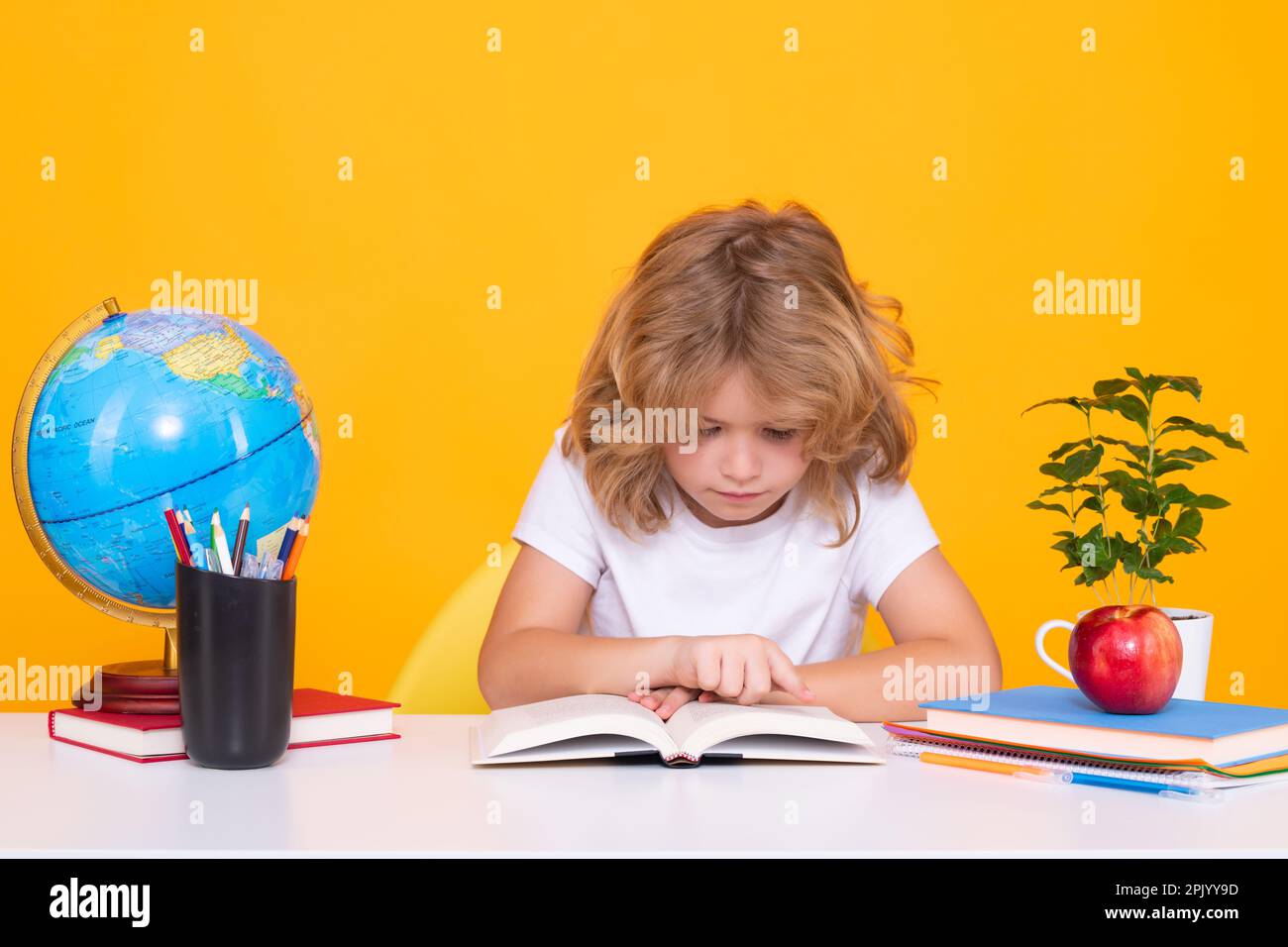 School kid reading book. School child studying in classroom at ...
