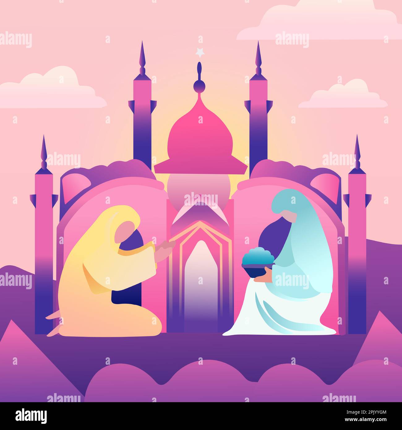 Islamic faith banner design. A devout Muslims pray namaz or salah as he ...