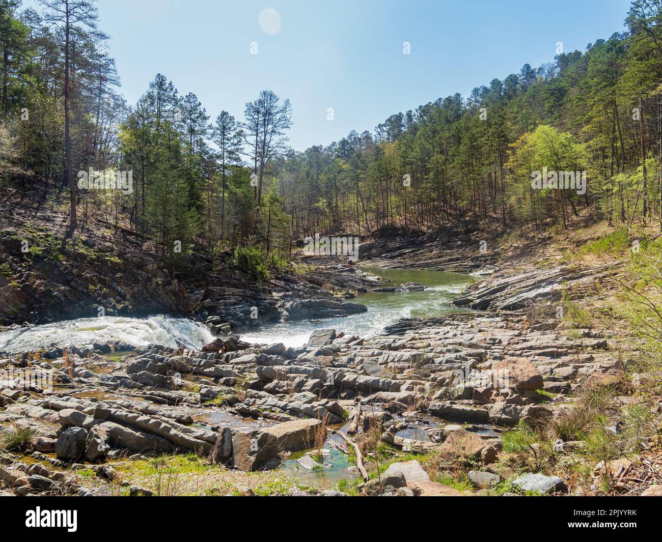 Sunny view of the landscape of Beaver River in Beavers Bend State Park ...