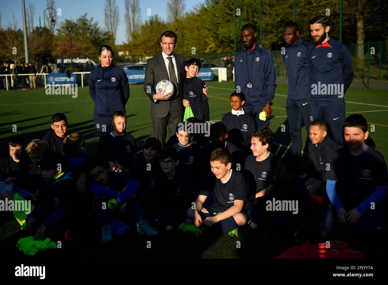 Clamart, France. 04th Apr, 2023. French President Emmanuel Macron (C ...