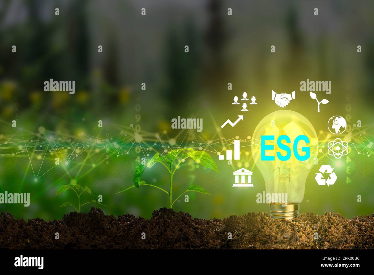 Global ESG technology concept. Bulb and holographic button ...