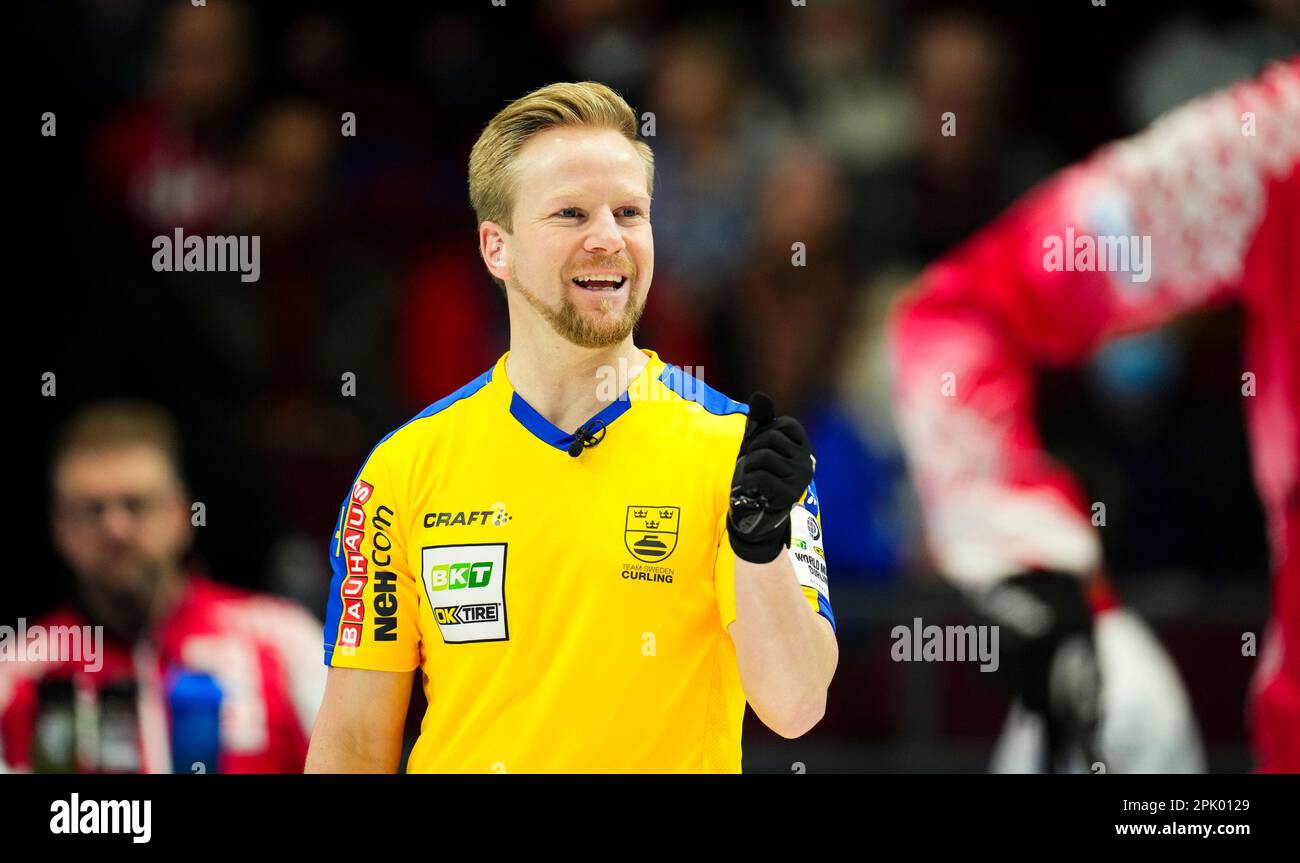 Sweden skip Niklas Edin reacts to a shot as they take on Japan at the ...